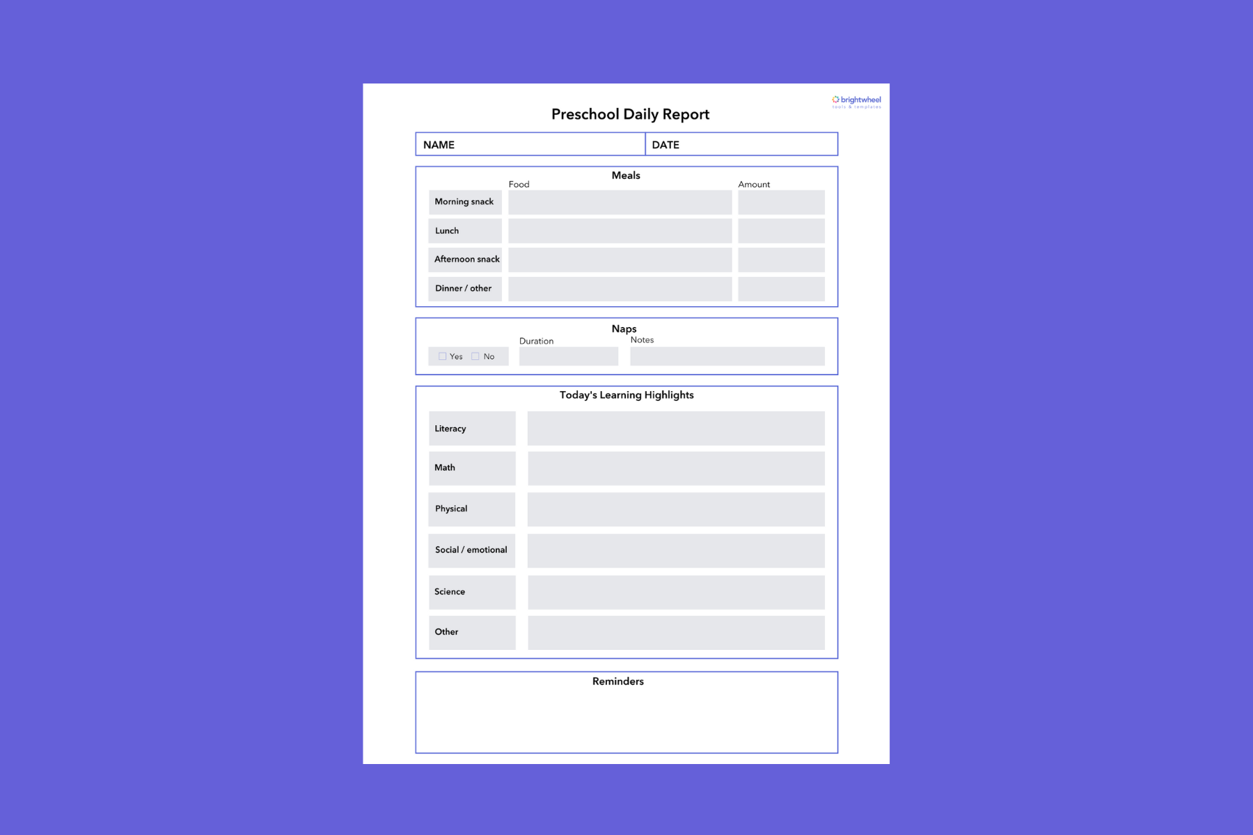Preschool Daily Sheet Template to Customize for Free